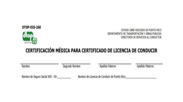 Formulario Dtop Dis 260:Certificación Médica para Licencia
